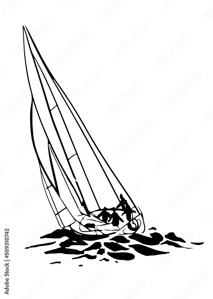 drawing picture of a beautiful racing yacht with white sails and ...
