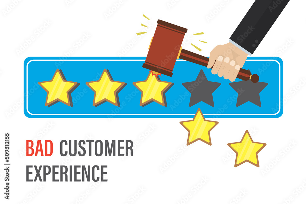 Bad customer experience, banner. Negative review. Client hand uses ...