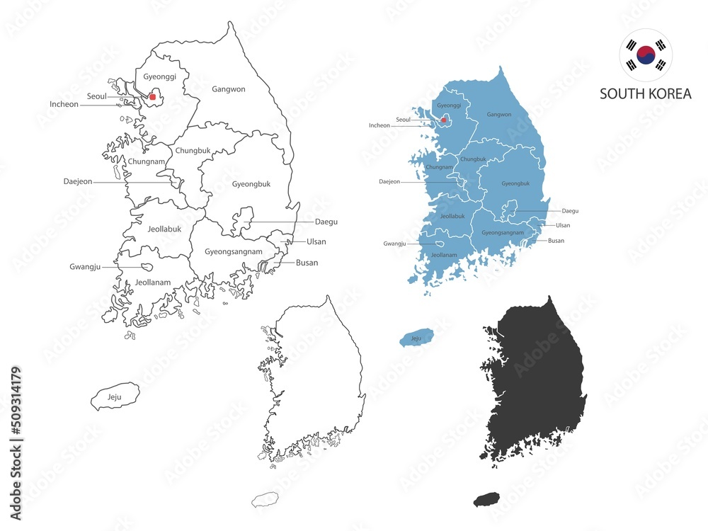 4 style of South Korea map vector illustration have all province and ...