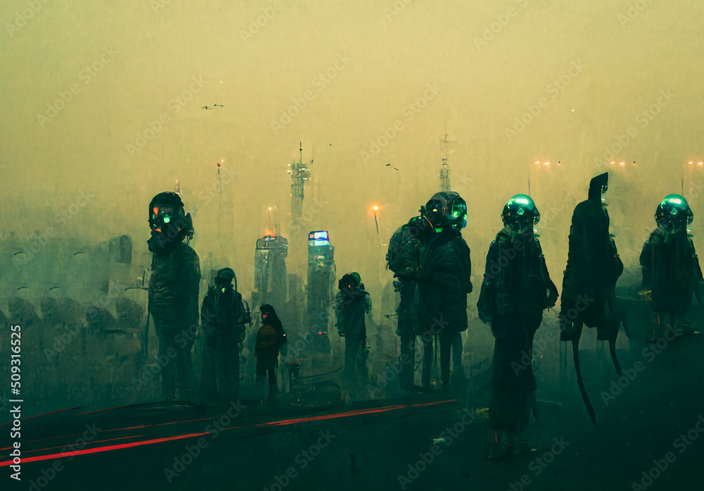 Highly polluted sci fi city with people covering their faces to breath ...