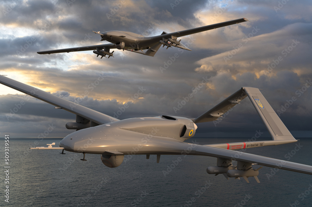 Turkish combat drone Bayraktar TB 2 in the colours of the Armed Forces of Ukraine during a ...