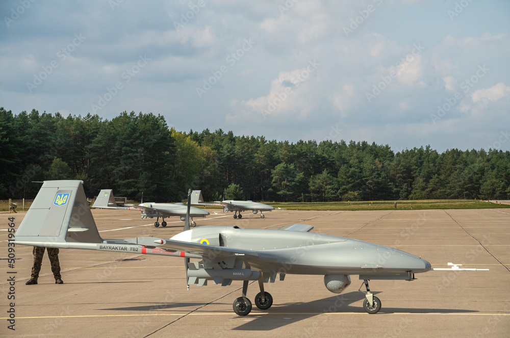 Turkish combat drone Bayraktar TB 2 in the colours of the Armed Forces ...