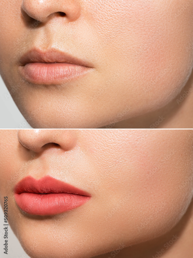 Female lips after permanent makeup lip blushing procedure Stock Photo ...