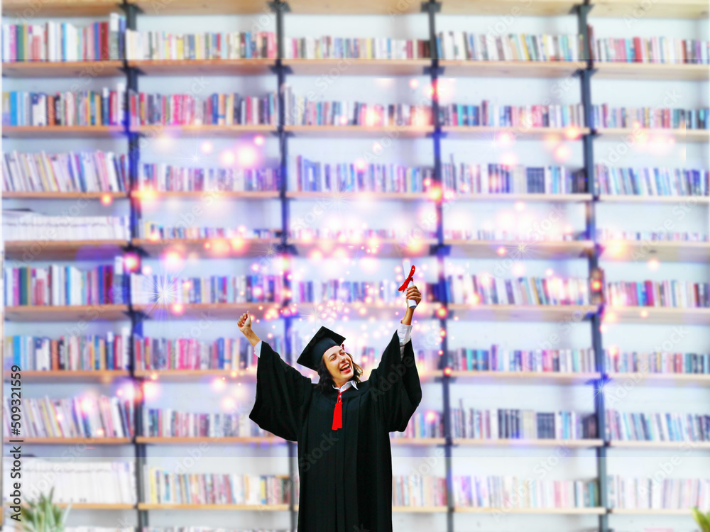 graduate in congratulation moment with book shelf abstract background ...