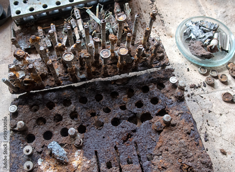 German Enigma machine, an old and rusty retro typewriter. Enigma - a ...