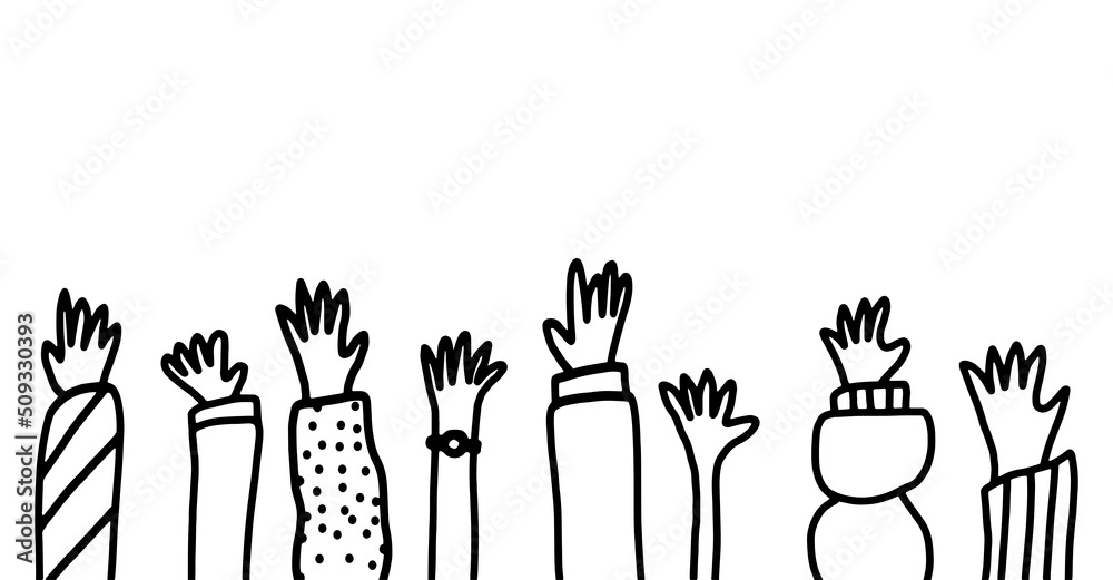 Hands raised up simple doodle drawing. Vector border illustration ...
