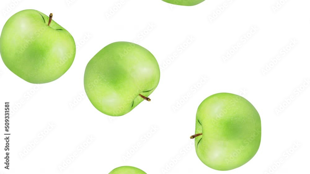 Abstract colorful animation - green apples falling and rotating at ...