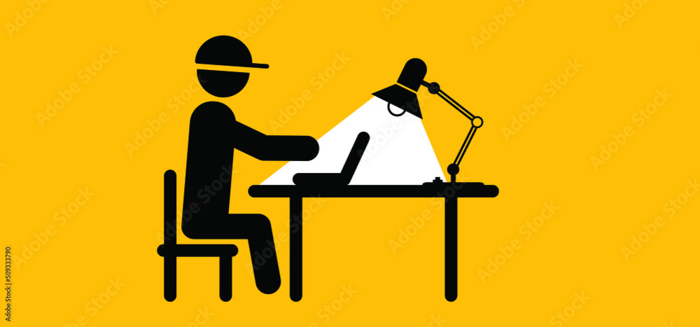 Cartoon stickman, stick figure with table, laptop and office desktop ...