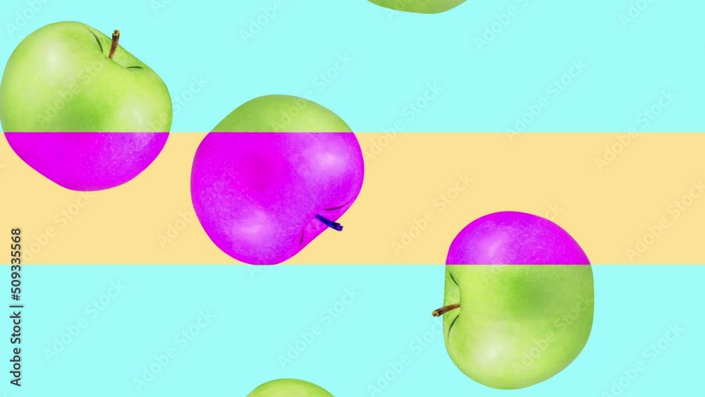 Abstract colorful animation - green apples falling and rotating at ...