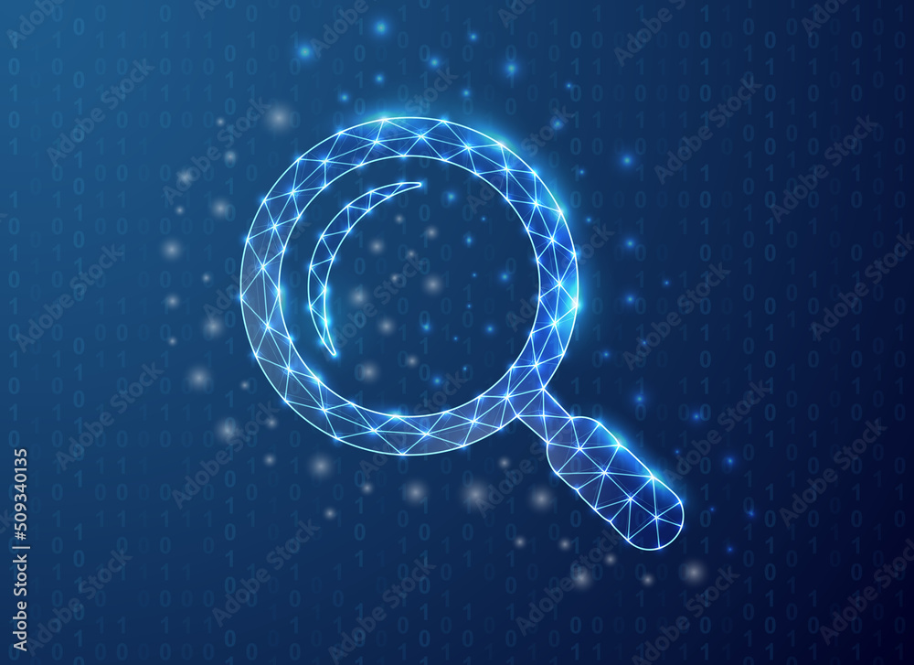 Magnifying glass polygonal symbol with binary code background. Analysis ...