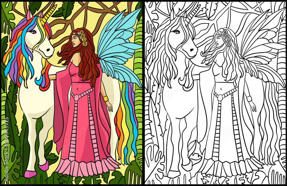 Walking Fairy And Unicorn Coloring Page Colored Stock 벡터 | Adobe Stock