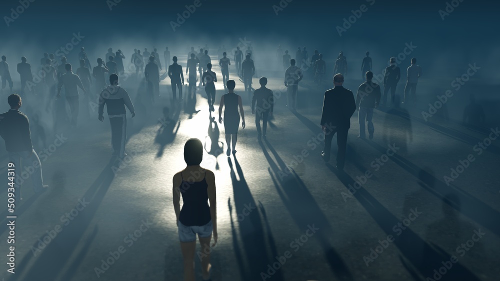 People go to the night. Blue fog. The crowd is moving into the distance ...