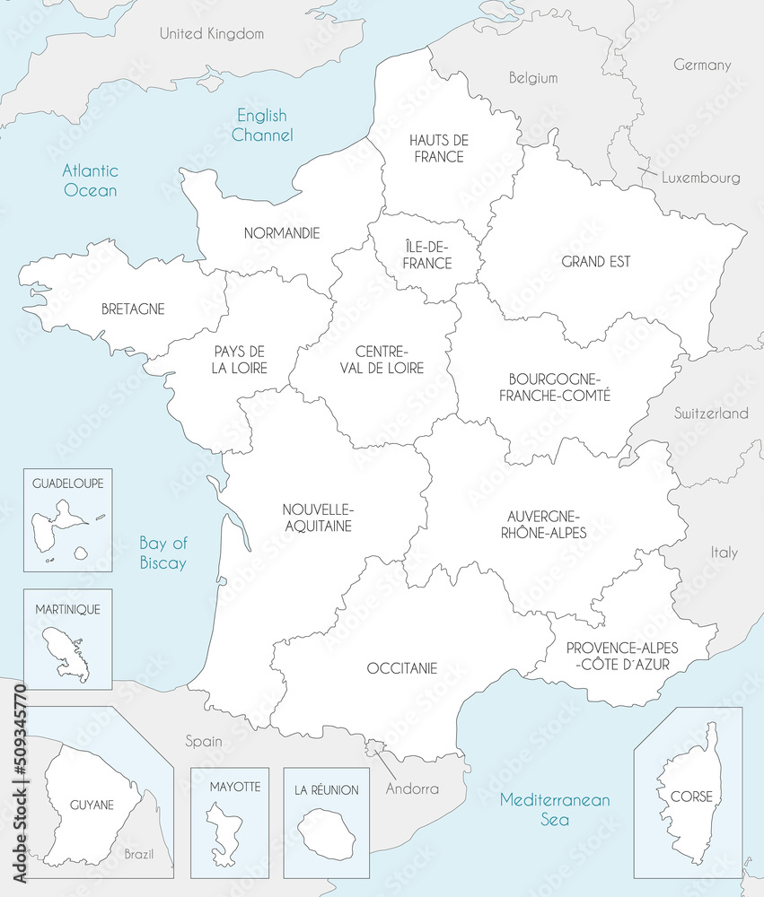 Vector map of France with regions and territories and administrative ...