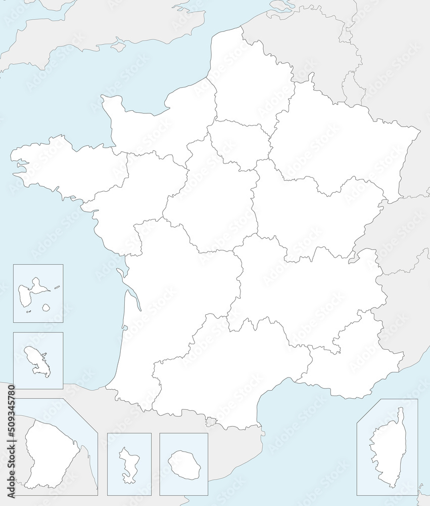 Vector blank map of France with regions and territories and ...