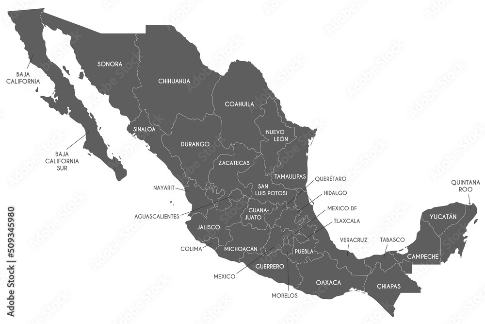 Vector map of Mexico with regions or or states and administrative ...