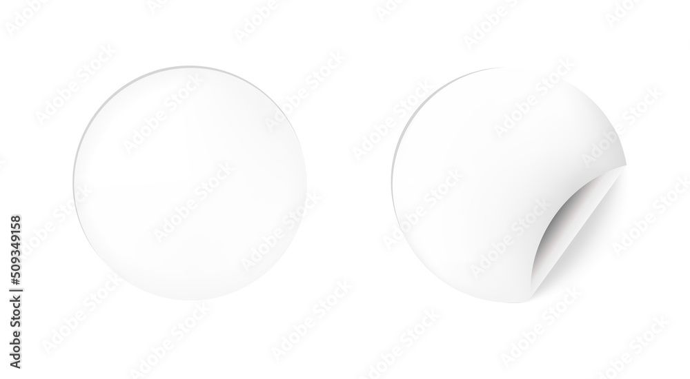 Round white sticker mockup. Circle stickers blank with curl corner ...