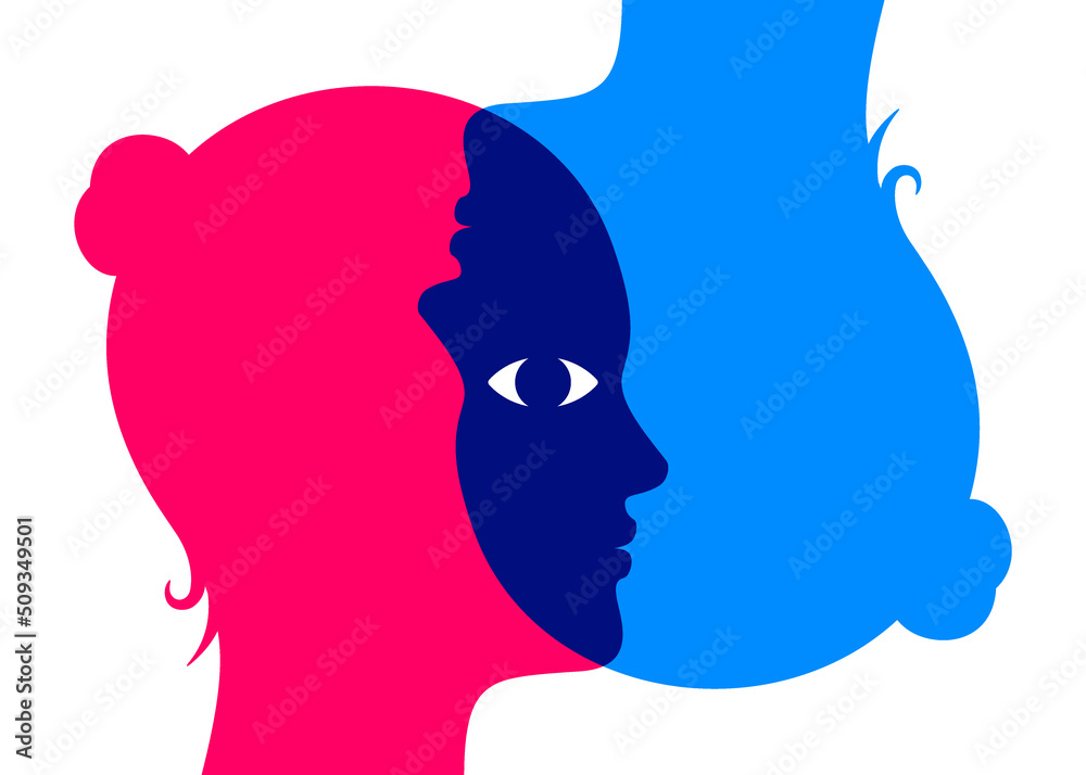 Two overlapping woman heads, looking through each other, upside down ...