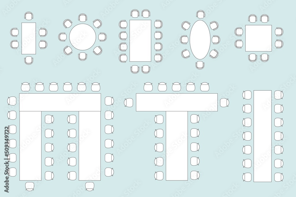 Furniture top view. Set of outline isolated tables and chairs for ...