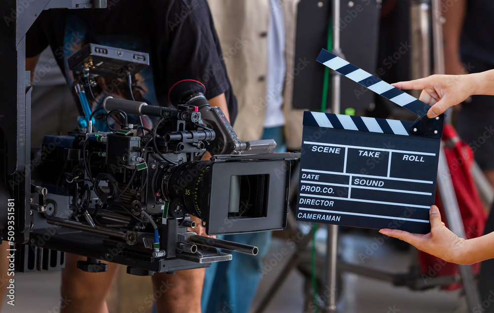 Man hands holding movie clapper. Film director concept. Behind the ...