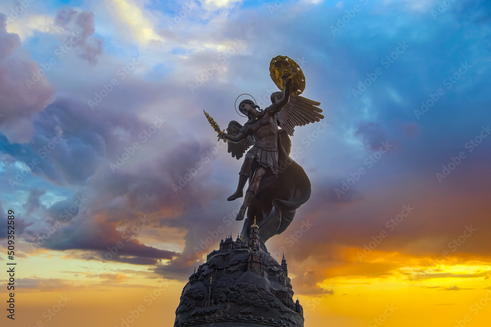 Fountain with a sculpture of Archangel Michael in the park Volodymyr ...