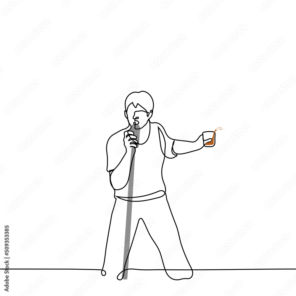 drunk man sings into a stemmed microphone and holds a splashing glass ...