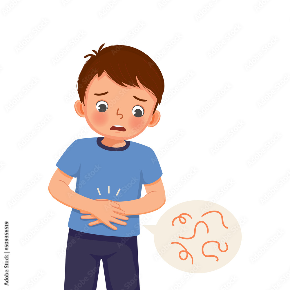 cute little child boy suffer from parasite worm infection in stomach ...