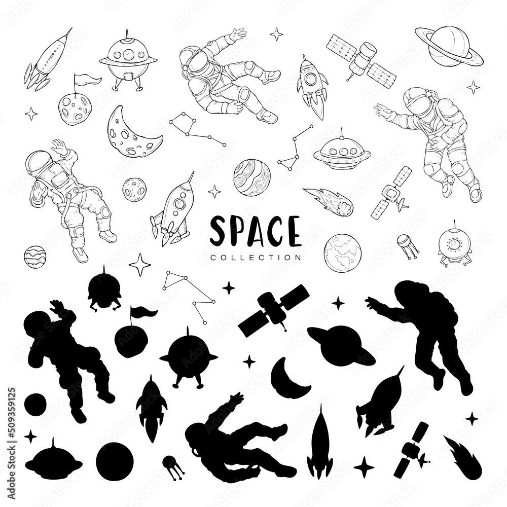 Vector set of space object black outlines and silhouettes isoleted on ...