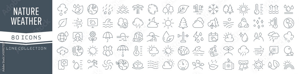 Nature and weather line icons collection. Big UI icon set in a flat ...