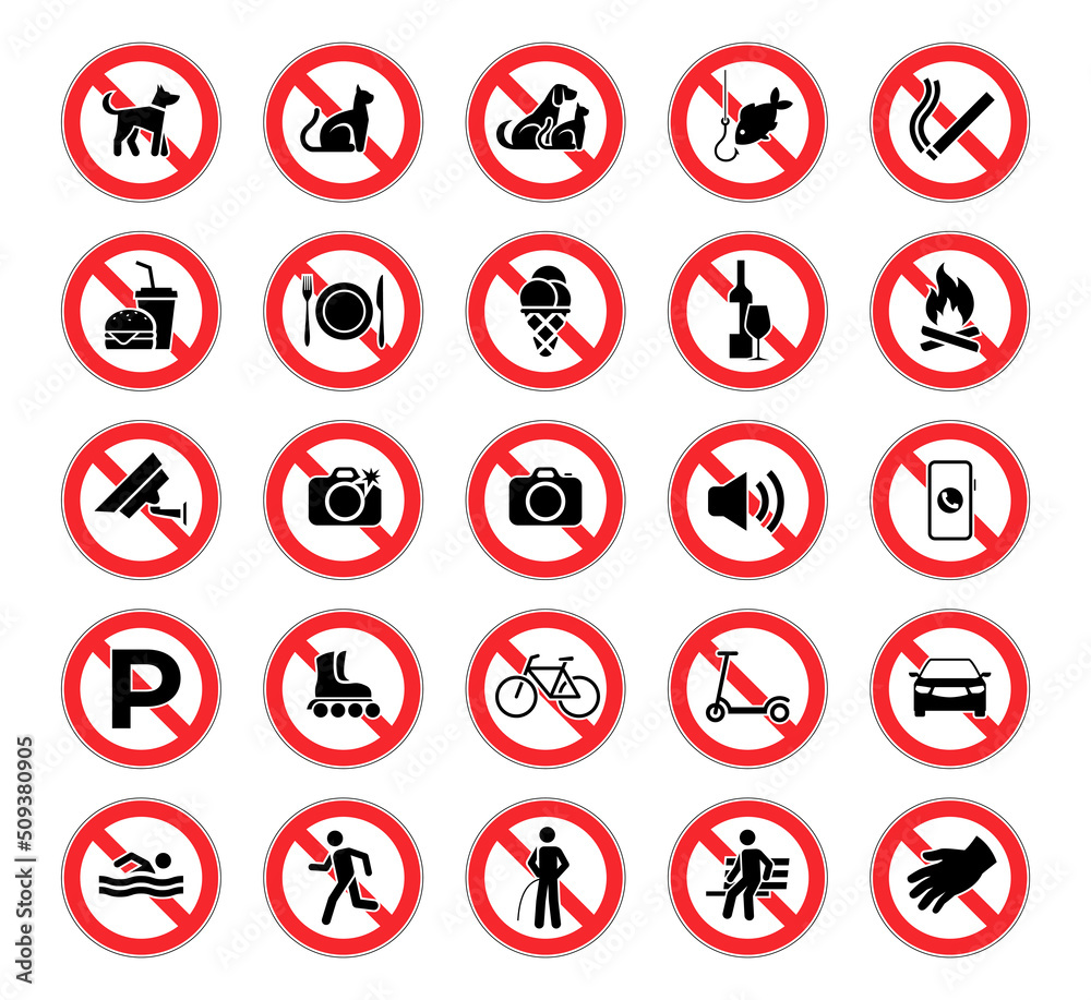 Set of prohibition icons. Prohibition warning. Red circle with oblique ...