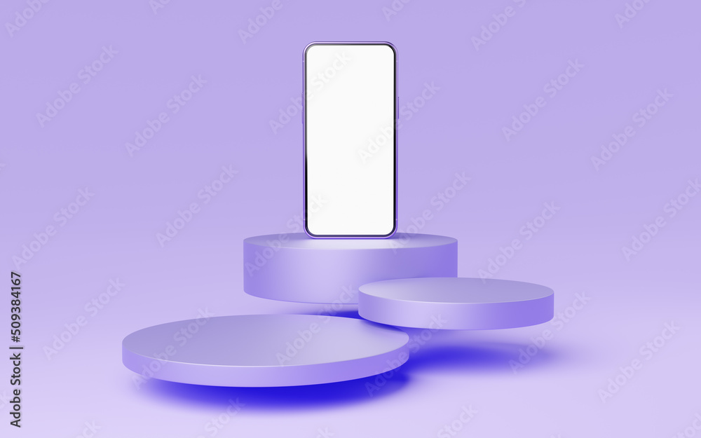 3d smartphone on cylinder podium floating on purple background ...