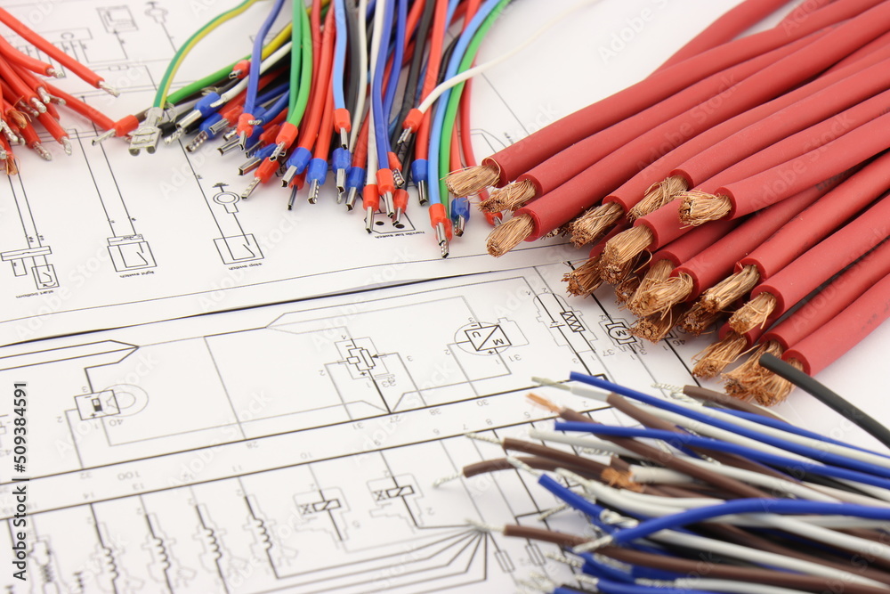 Copper electrical wires in colored insulation on an electrical diagram ...