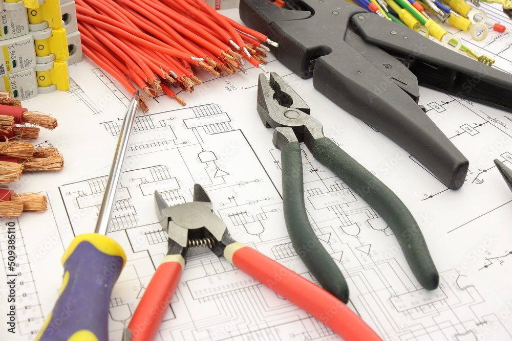 Tools for installing an electrical control panel in close-up on an ...