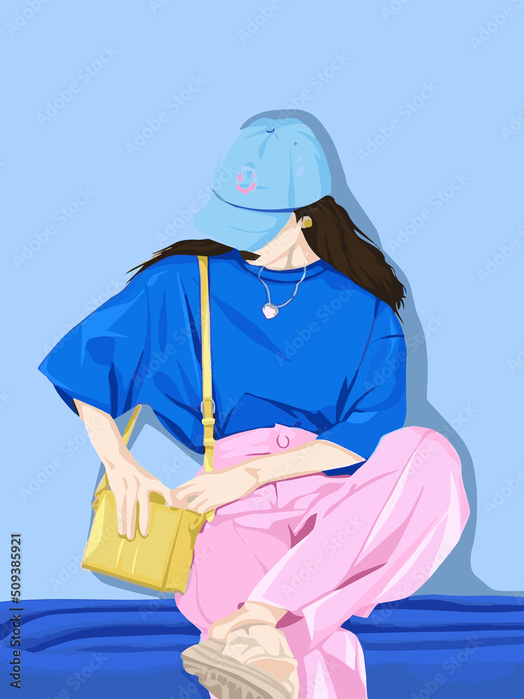 digital art of an anime girl searching something in her bag Stock ...