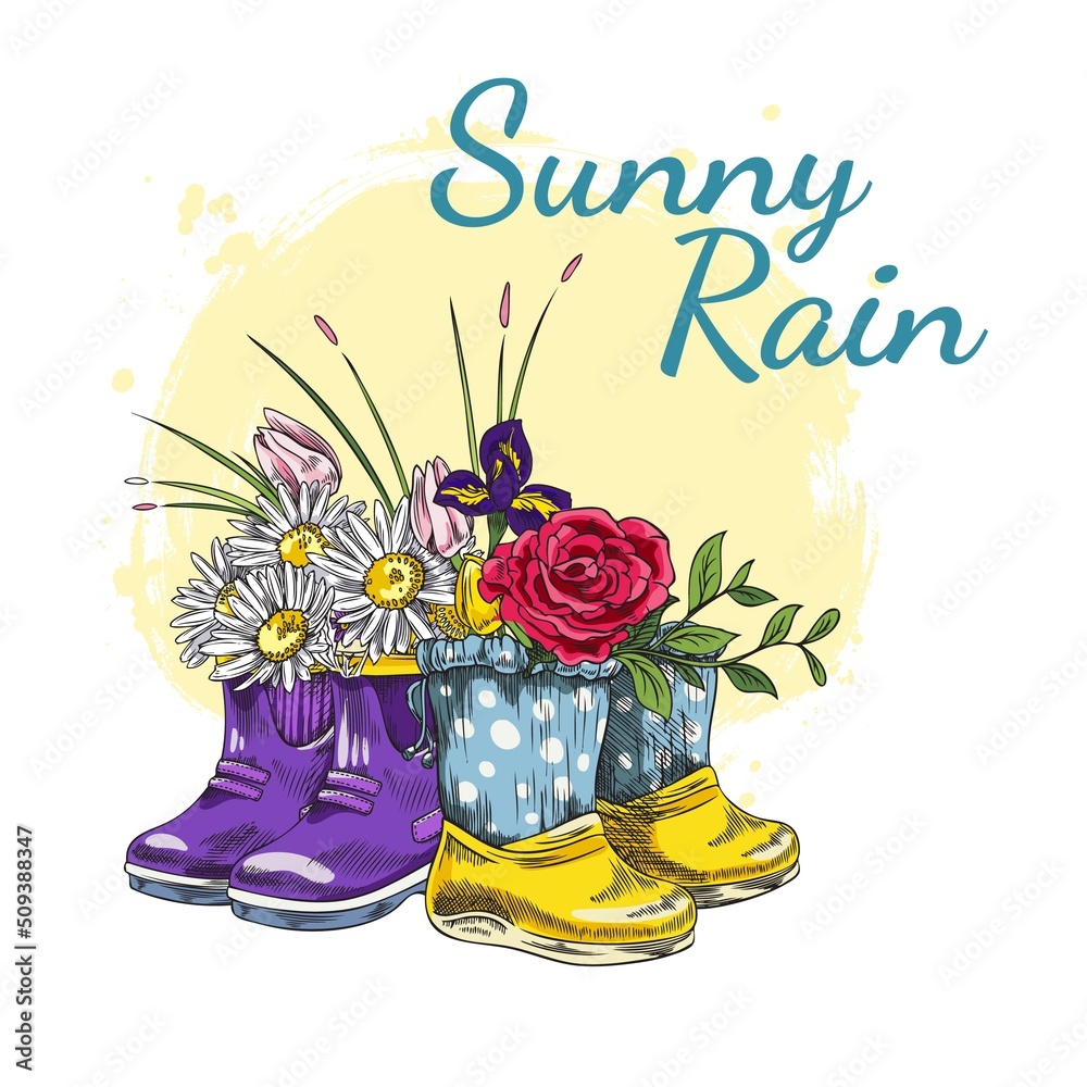 Summertime card or poster design with wellies full of flowers, sketch ...