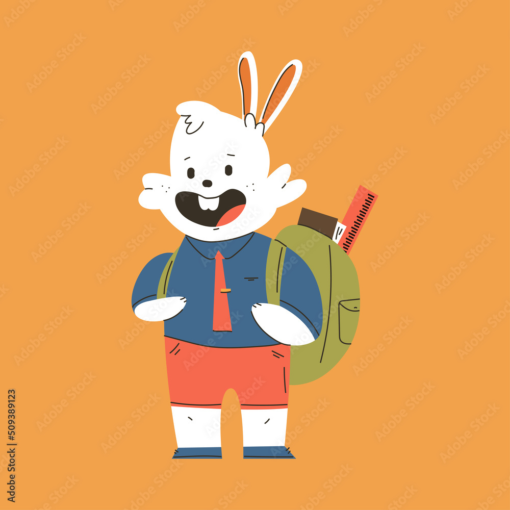 Animal back to school illustration. Cute bunny with backpack vector ...
