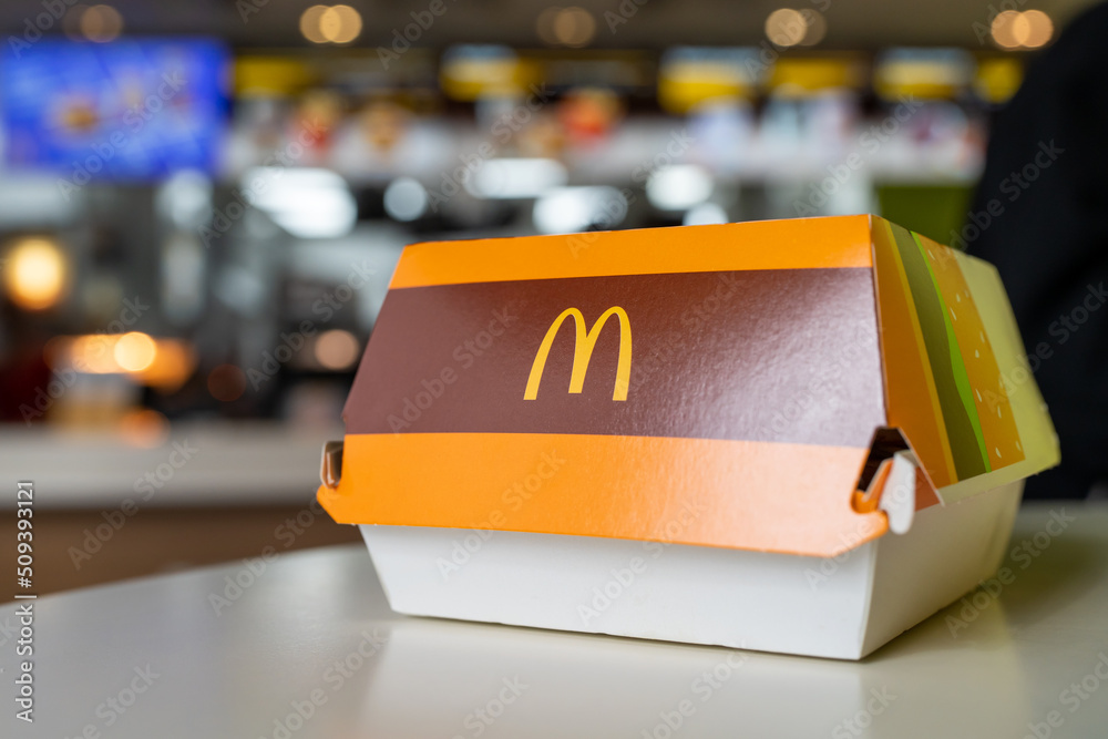 Big Mac Box with McDonald's logo on table in McDonald's Restaurant ...