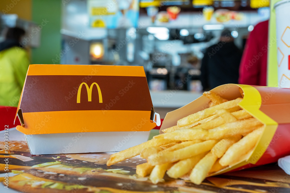 Big Mac Box with McDonald's logo and French fries in McDonald's ...