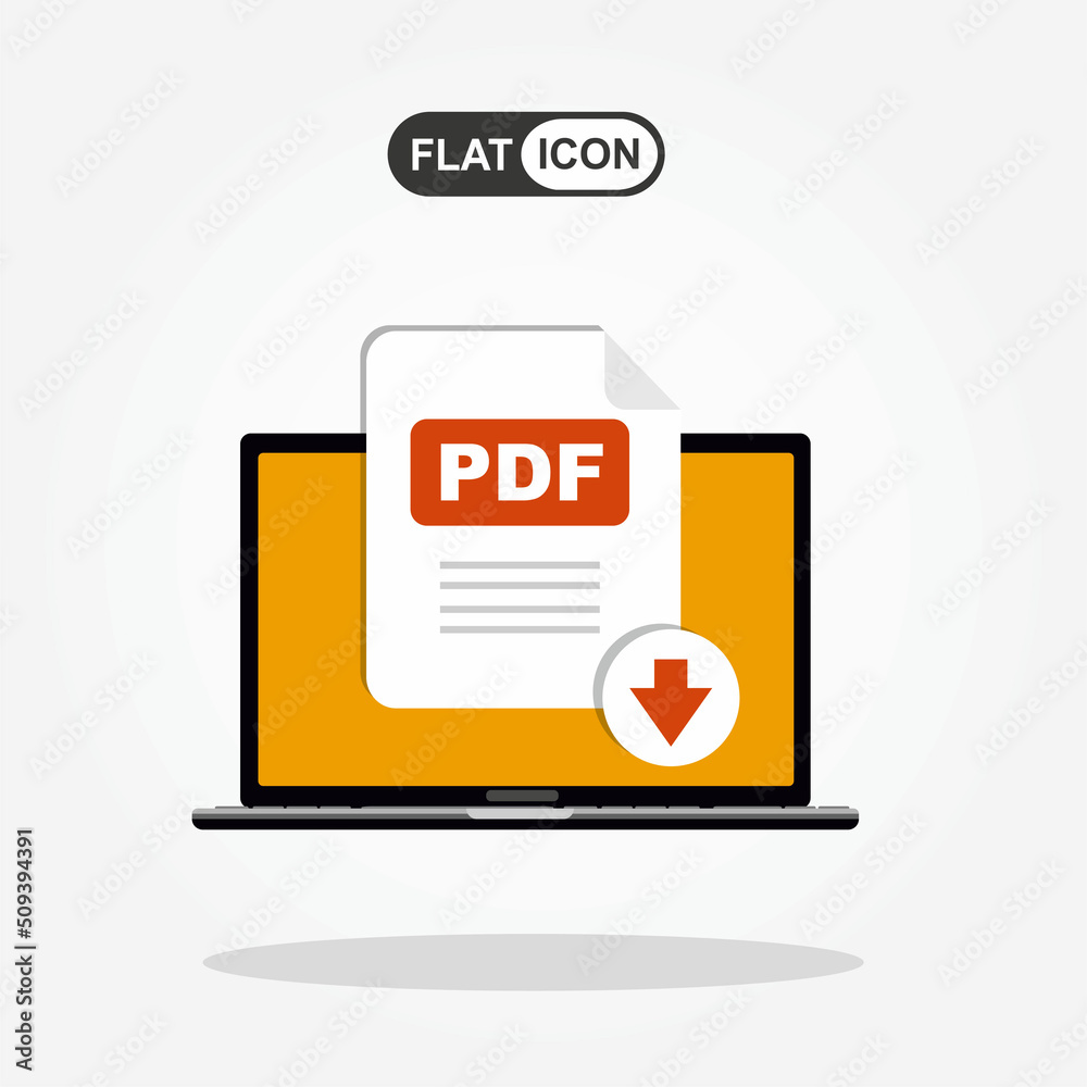 Vetor de Download PDF button on laptop screen. Downloading document ...