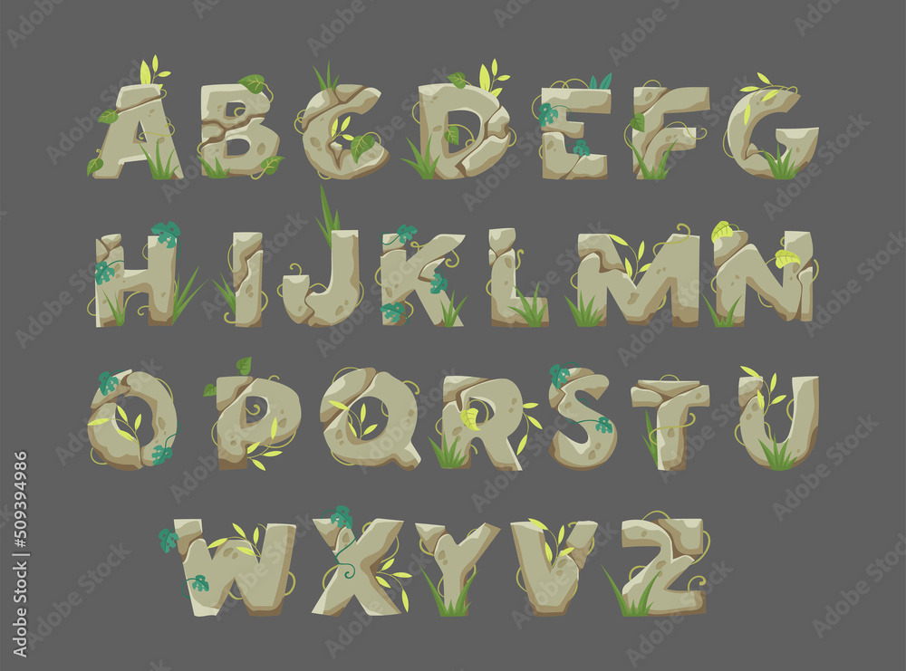 Alphabet with stone letters vector illustrations set. Medieval or stone ...