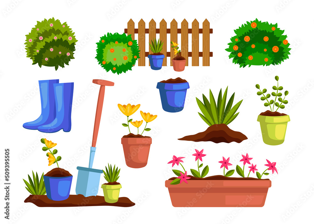Different garden elements vector illustrations set. Collection of ...