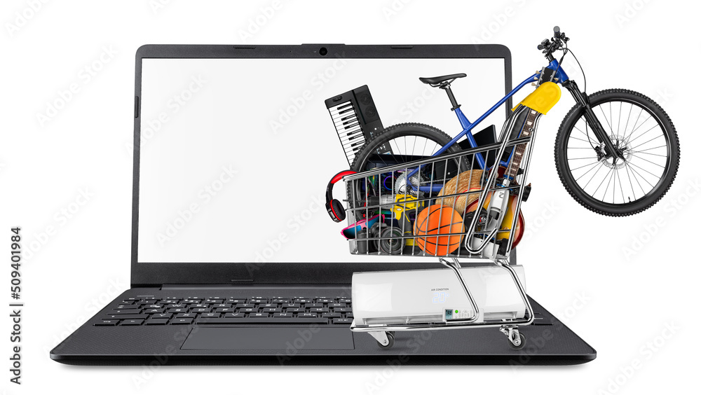 Full shop cart filled with many goods like bicycle music instruments ...