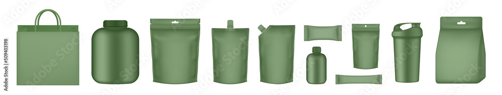 Stockvector Dark green packaging set. Realistic jar, pouch, doy pack ...