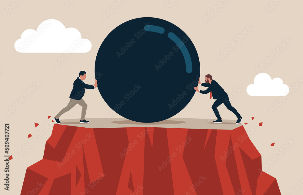 Leadership rivalry between two entrepreneur pushing a boulder against ...