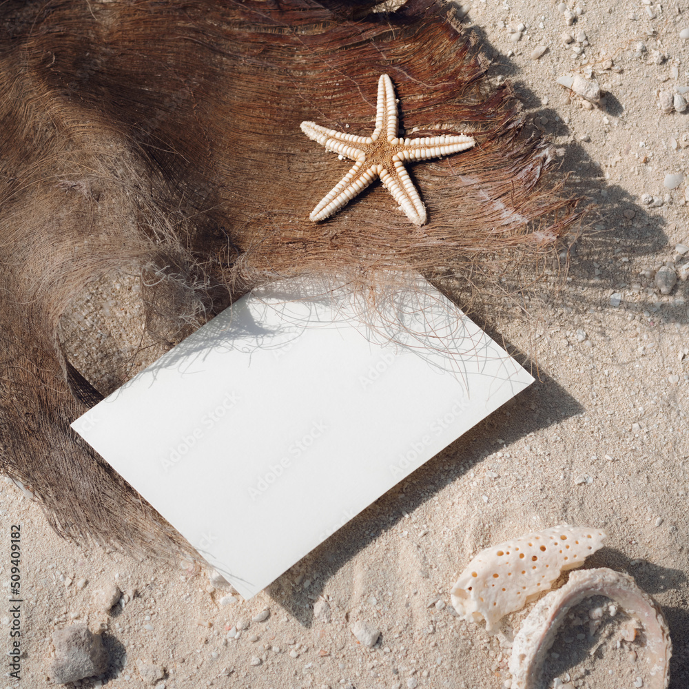 Stylish summer mock up composition on the beach with the starfish and ...