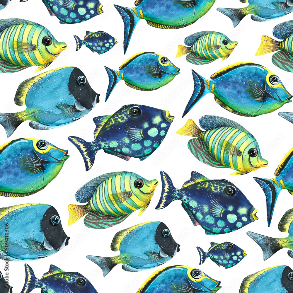 Various tropical fish, a flock. Watercolor illustration. Seamless ...