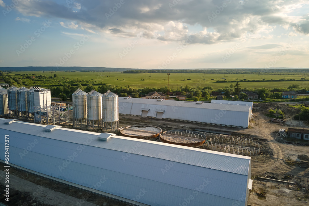 Aerial view of industrial ventilated silos for long term storage of ...