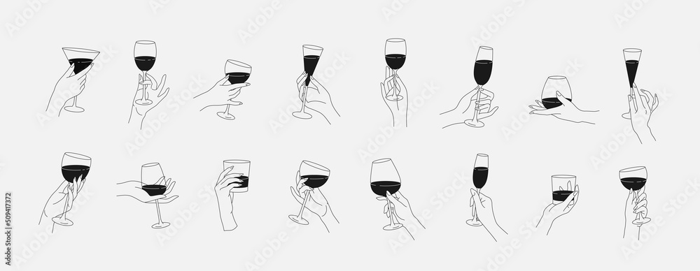 Collection of different woman hands gestures hold wineglass or drink ...