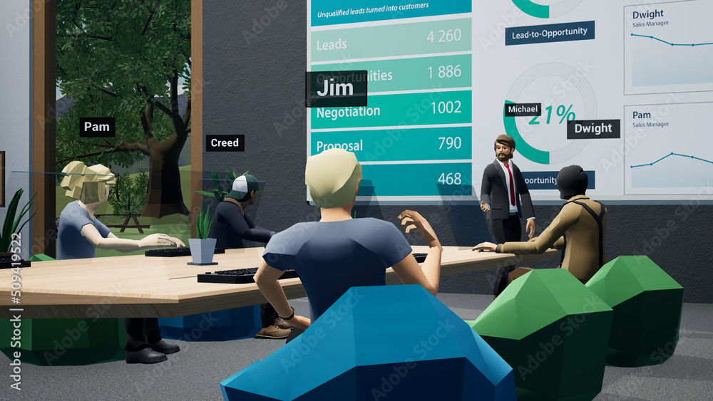 People as avatars having a business meeting in a virtual metaverse VR ...