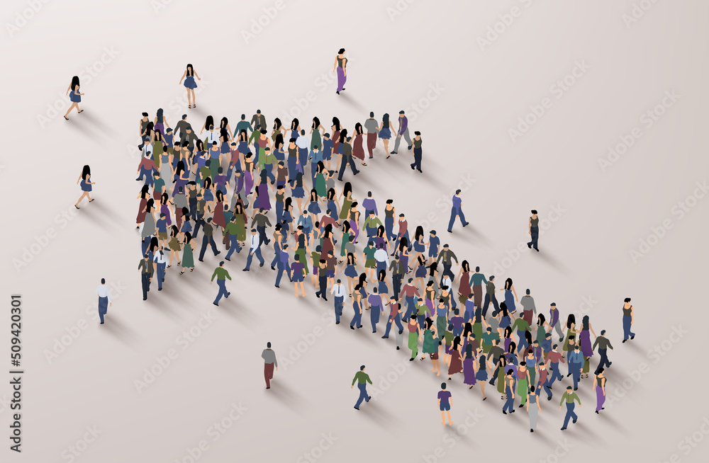 large group of people gathered together as an arrow symbol. People ...