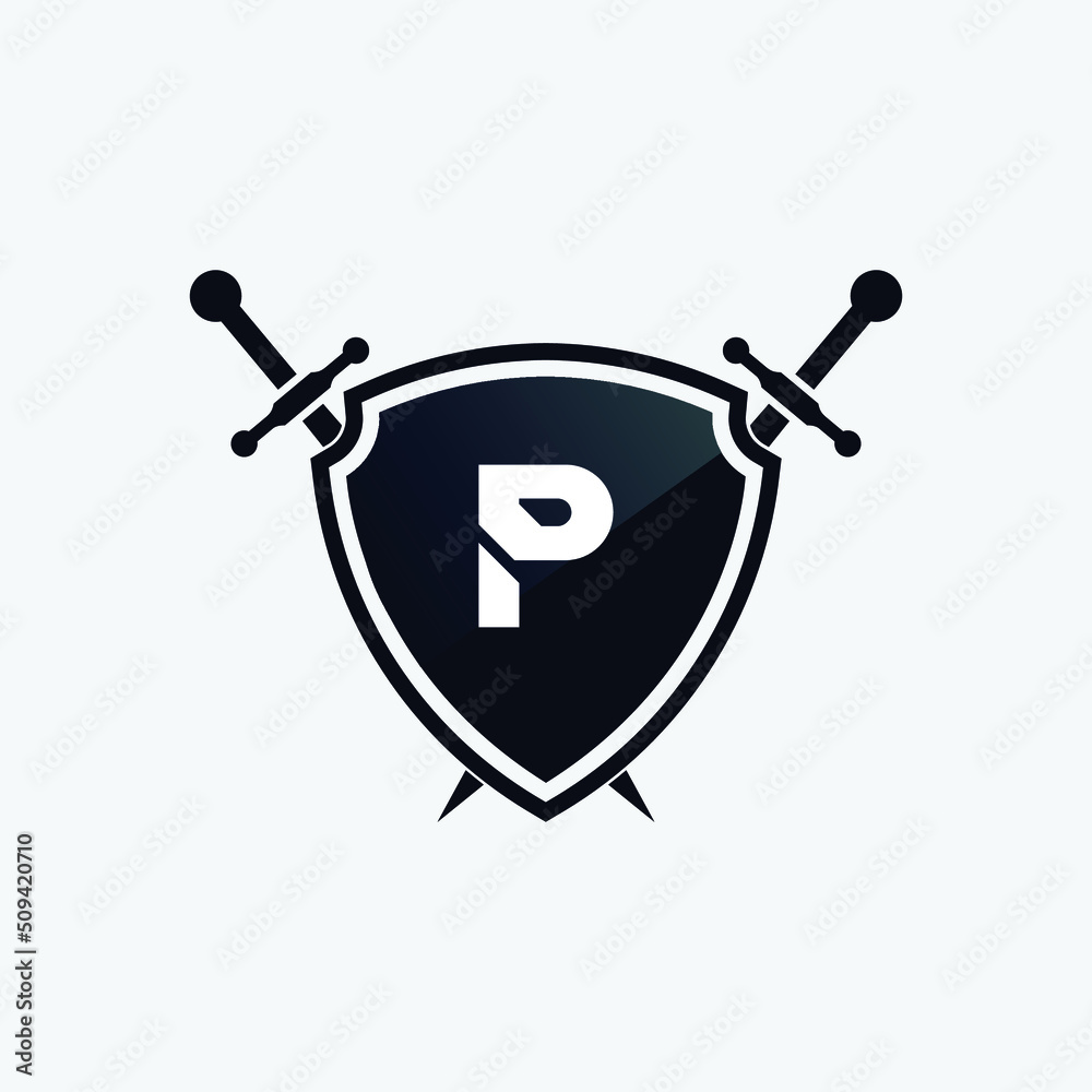 letter P shield with sword 3d logo design concept template vector 3d ...
